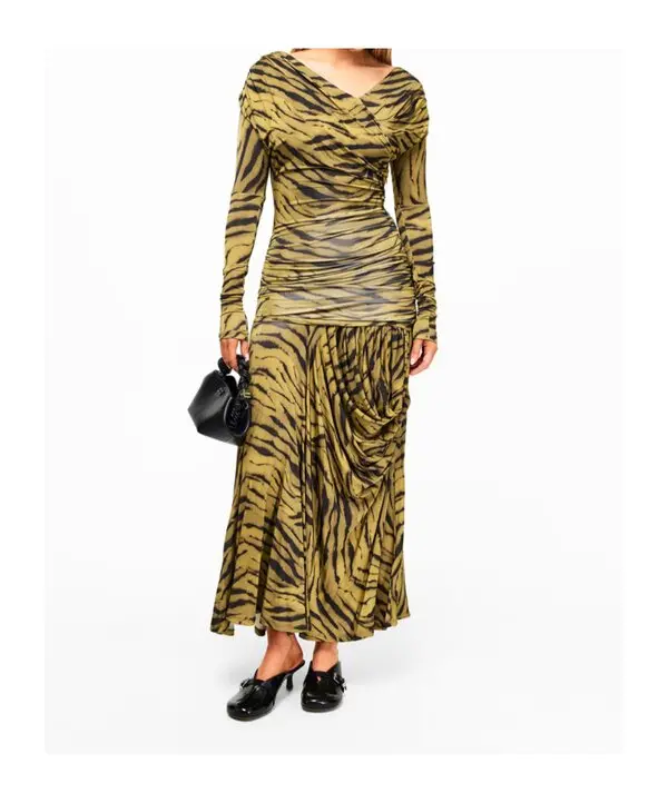 GANNI Printed Jersey Long Maxi Dress - Brown