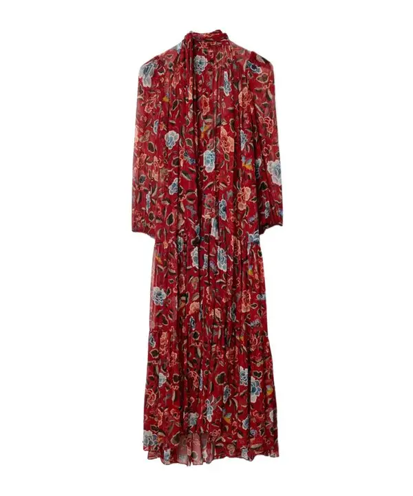 Rixo Adalind Printed Long Sleeve Tie-waist Maxi Dress - Red
