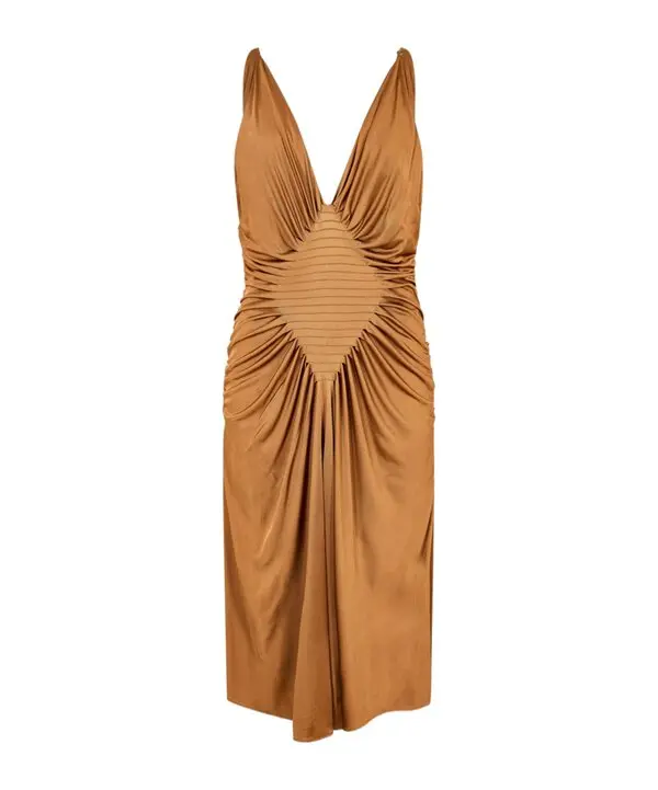 Versace Pleated V-neck Dress - Brown