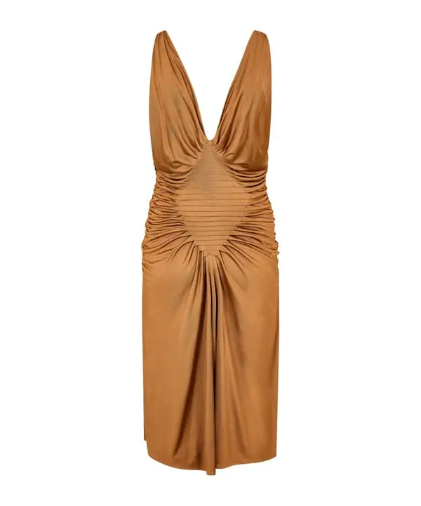 Versace Pleated V-neck Dress - Brown