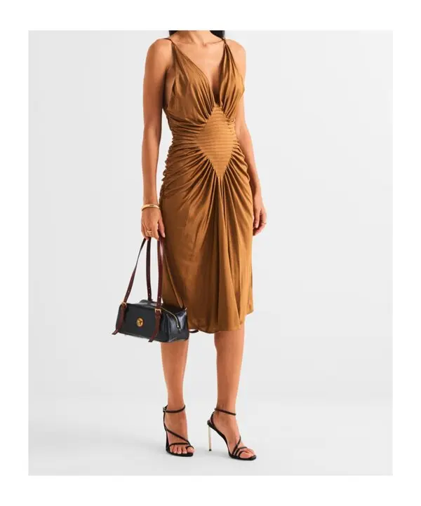 Versace Pleated V-neck Dress - Brown