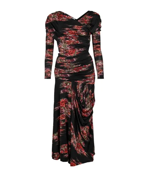 GANNI Printed Long Sleeve Maxi Dress - Black