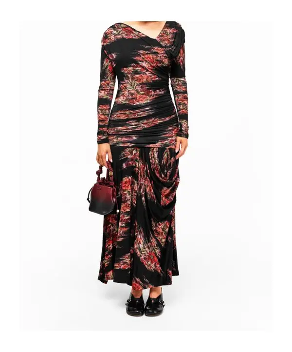 GANNI Printed Long Sleeve Maxi Dress - Black