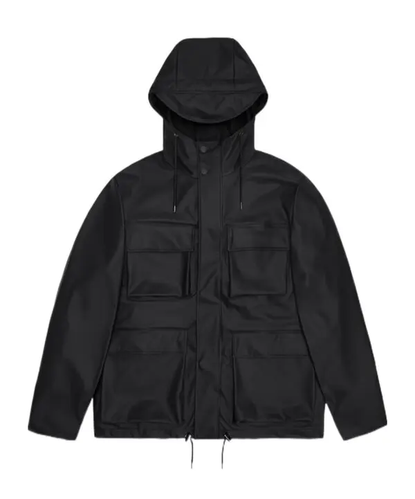 Rains Hooded Long-sleeved Raincoat With Snap Closure And Multiple Pockets