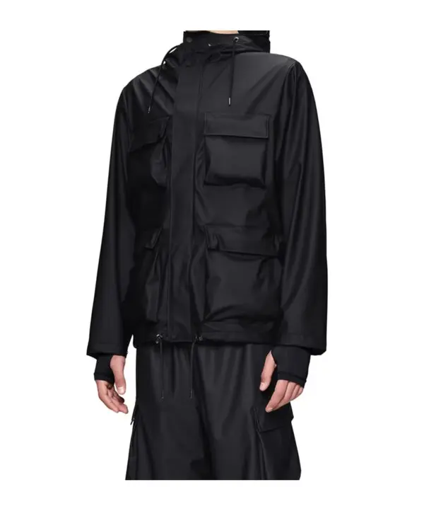 Rains Hooded Long-sleeved Raincoat With Snap Closure And Multiple Pockets