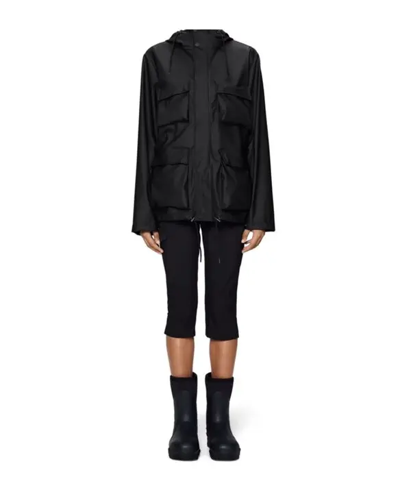 Rains Hooded Long-sleeved Raincoat With Snap Closure And Multiple Pockets