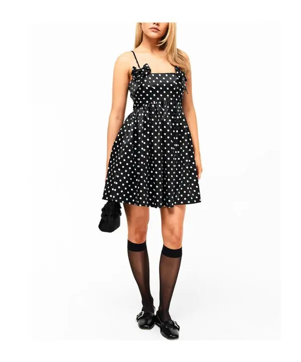 GANNI Satin Polka Dot Mini Dress With Bow Detail
