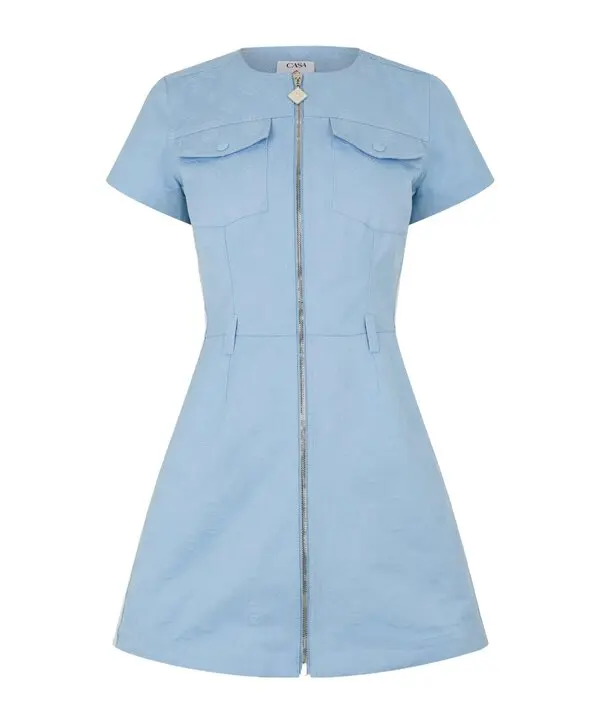 Casablanca Zipper Short Sleeve Dress - Blue