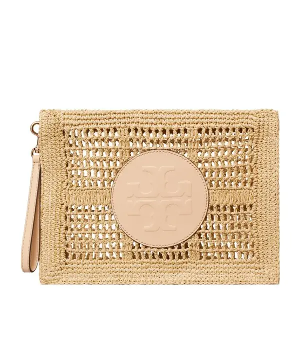 Tory Burch Woven Raffia Pouch With Embossed Logo