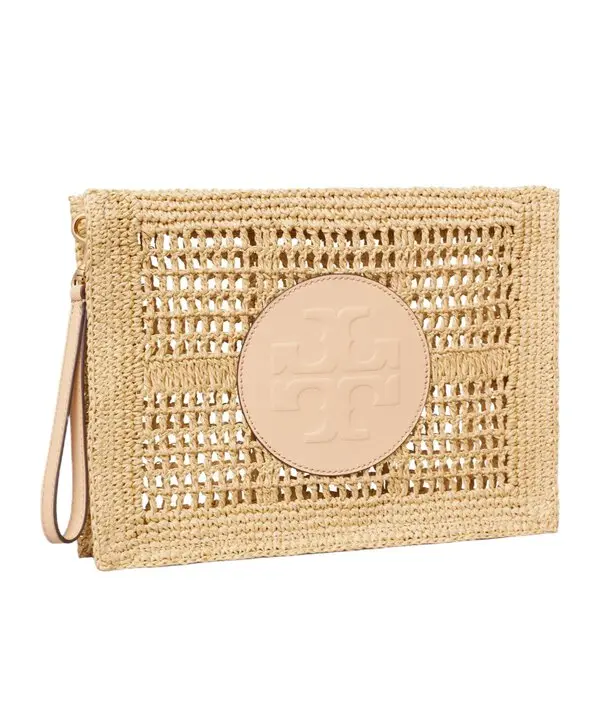 Tory Burch Woven Raffia Pouch With Embossed Logo