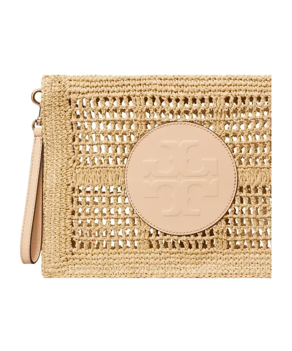 Tory Burch Woven Raffia Pouch With Embossed Logo