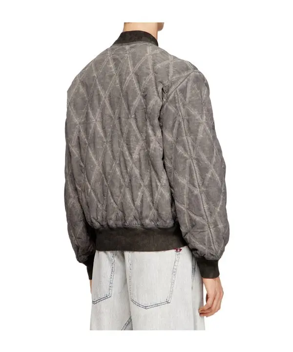 DIESEL® Quilted Bomber Jacket With Logo Detail - Gray