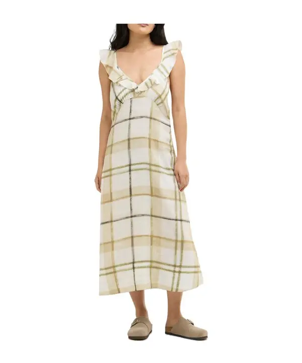 Barbour Plaid Maxi Dress With Ruffled V-neck