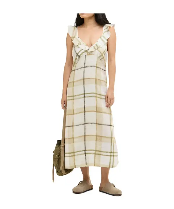 Barbour Plaid Maxi Dress With Ruffled V-neck