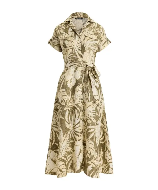 Ralph Lauren Shirt Dress With Tropical Print And Belted Waist - Nude