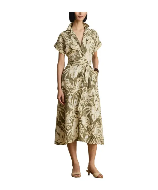 Ralph Lauren Shirt Dress With Tropical Print And Belted Waist - Nude