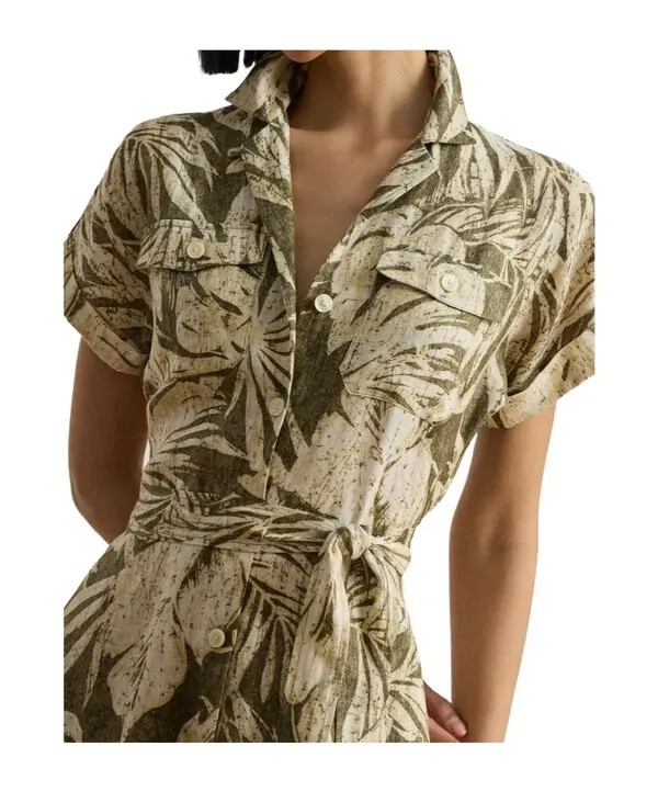 Ralph Lauren Shirt Dress With Tropical Print And Belted Waist - Nude