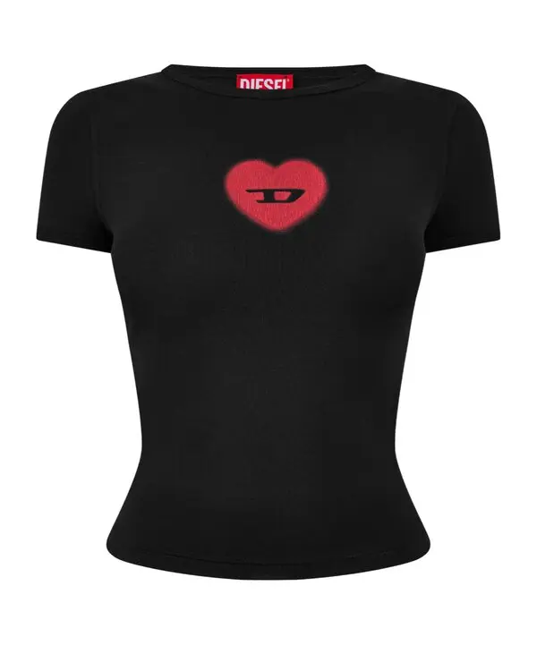 DIESEL® Cropped Fitted Mini T-shirt With Heart Graphic - Black