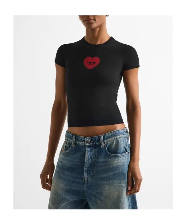 DIESEL® Cropped Fitted Mini T-shirt With Heart Graphic - Black