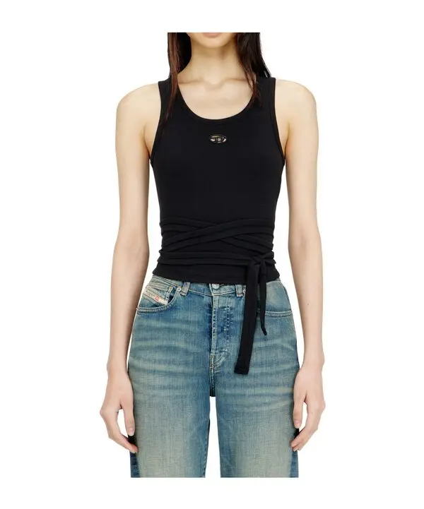 DIESEL® Ribbed Cropped Tank Top With Wrap Detail - Black