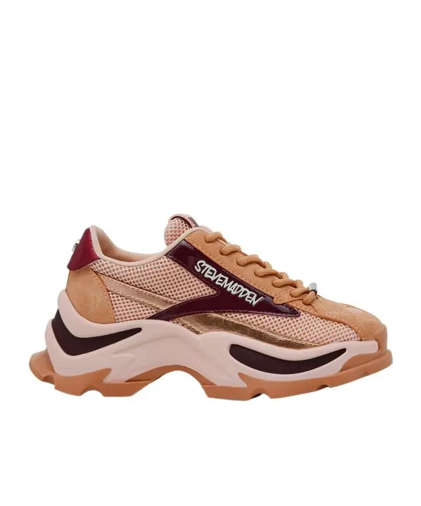 Steve Madden Light Brown Mesh Sneakers With Burgundy Accents And Chunky Sole