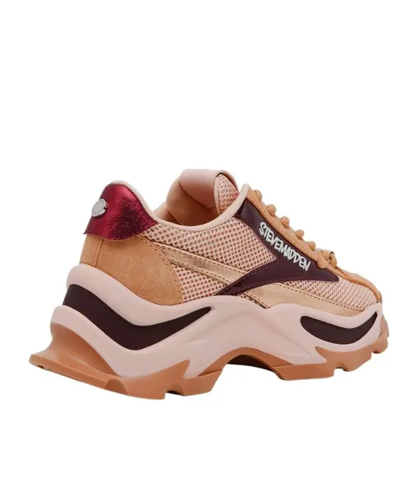 Steve Madden Light Brown Mesh Sneakers With Burgundy Accents And Chunky Sole