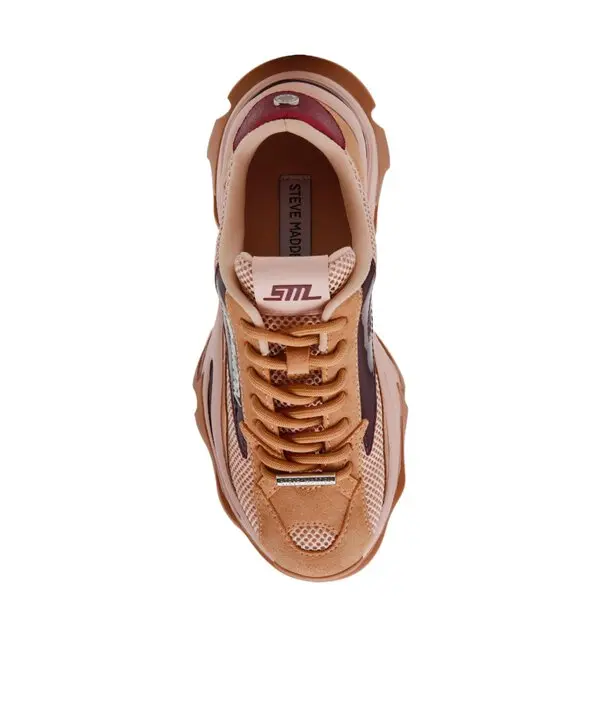 Steve Madden Light Brown Mesh Sneakers With Burgundy Accents And Chunky Sole
