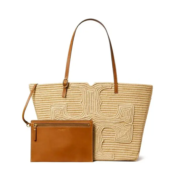 Tory Burch Woven Straw Tote With Embossed Logo