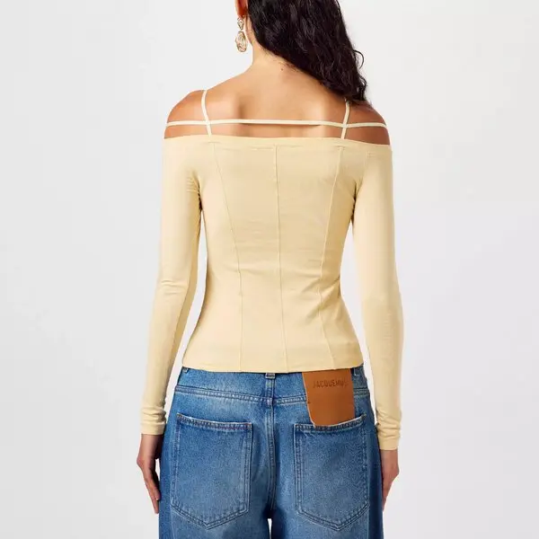 Jacquemus Off-shoulder Top With Embellished Branding - Light Ivory