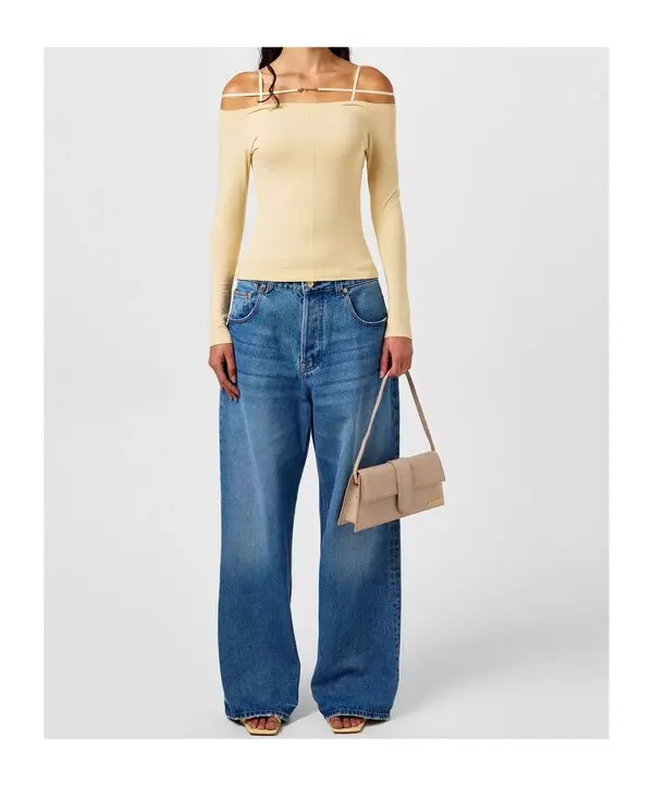 Jacquemus Off-shoulder Top With Embellished Branding - Light Ivory