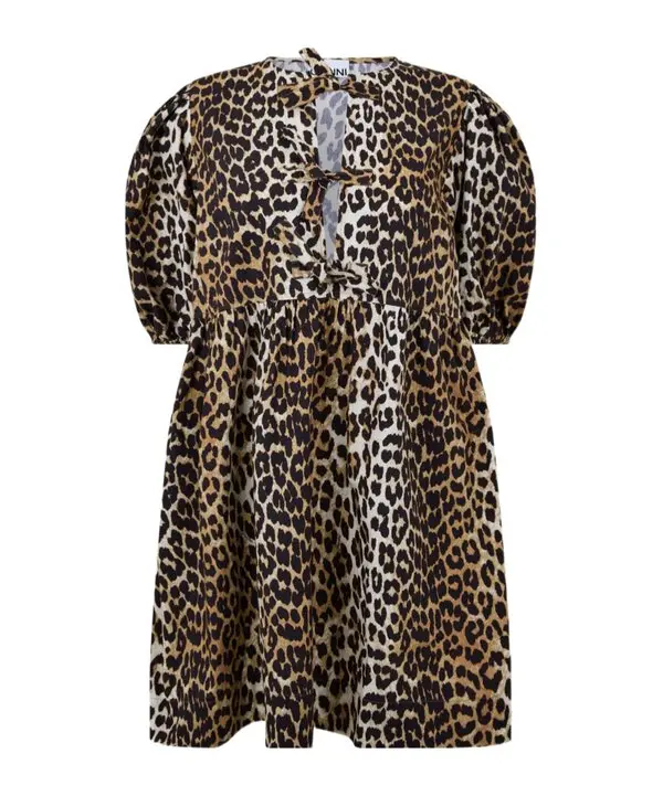 GANNI Leopard Print Dress With Bow Detail - Black