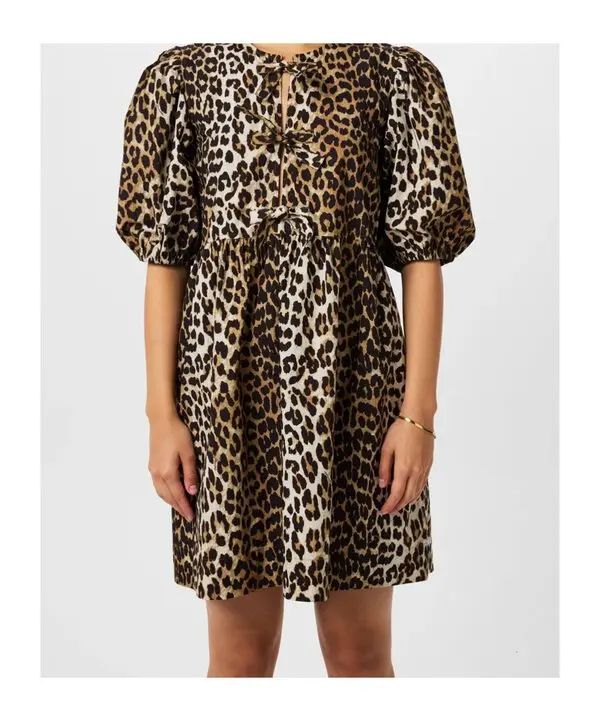 GANNI Leopard Print Dress With Bow Detail - Black