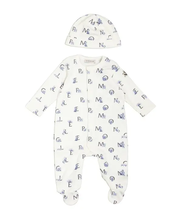 Moncler Letter Print Footed Sleepsuit And Hat Set