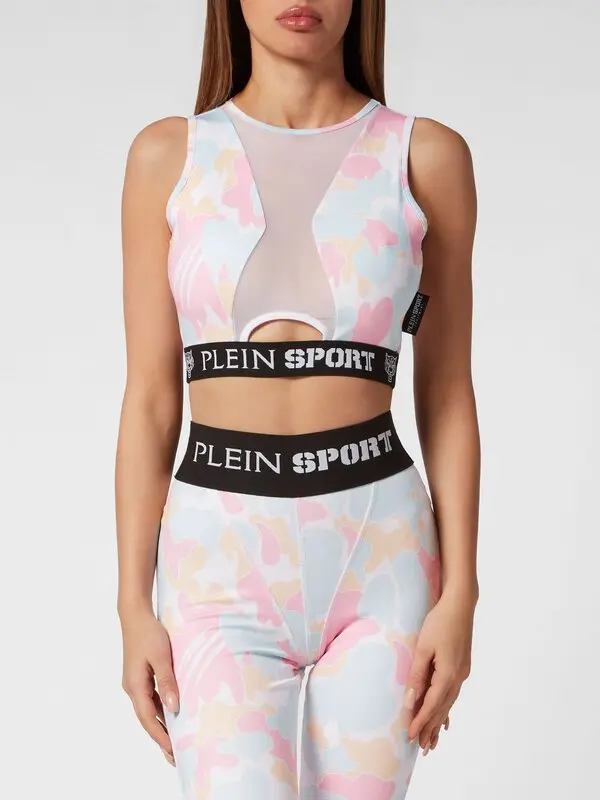 PLEIN SPORT Cropped Camouflage Print Top With Mesh Detail - Blue