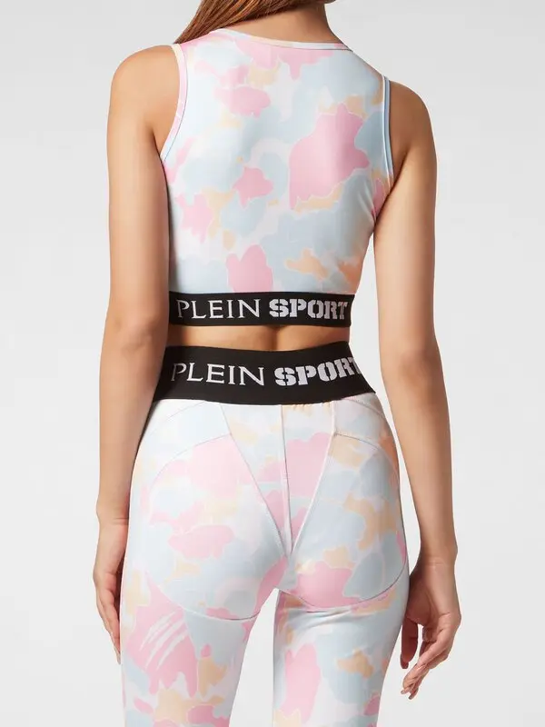 PLEIN SPORT Cropped Camouflage Print Top With Mesh Detail - Blue