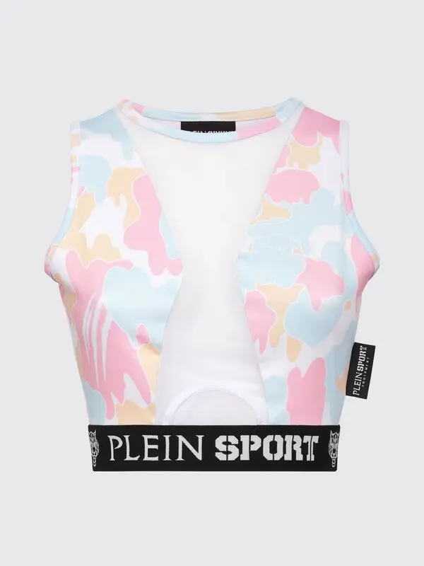 PLEIN SPORT Cropped Camouflage Print Top With Mesh Detail - Blue