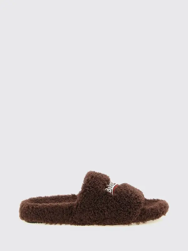 Balenciaga Shearling Mules With Embroidered Logo - Brown