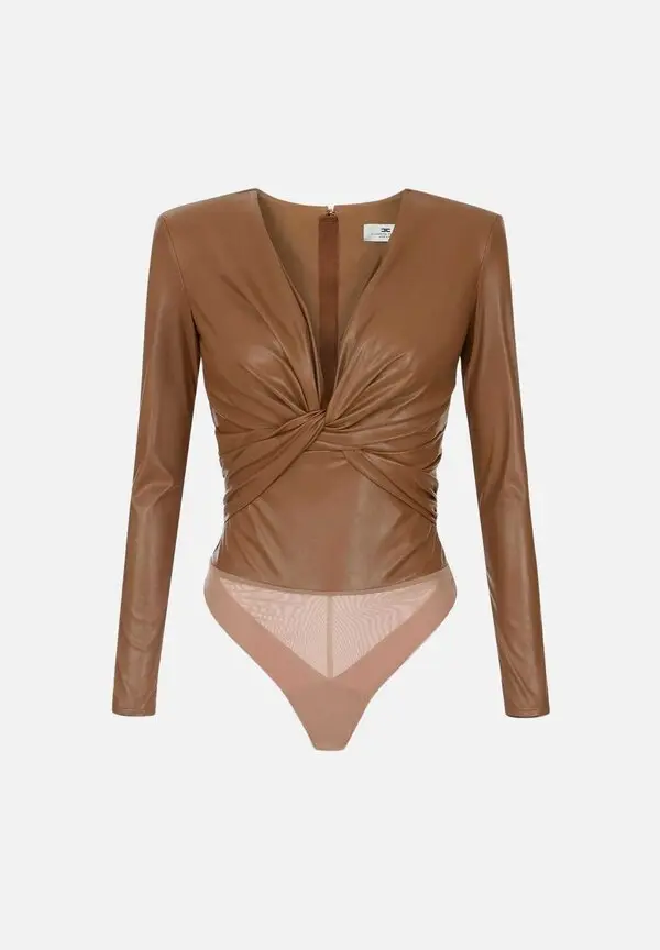 Elisabetta Franchi Long Sleeve Twisted Bodysuit - Sigaro