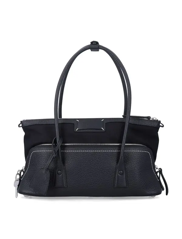 MAISON MARGIELA Embossed Grained Leather Handbag With Round Handles And Removable Strap - Nero