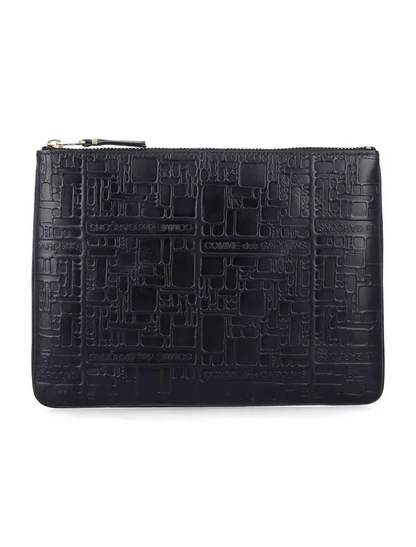 Comme Des Garçons Embossed Leather Logo Pouch Clutch, 16 Cm X 22.5 Cm - Nero