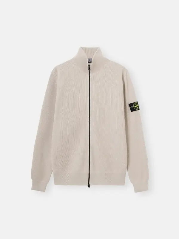 Stone Island Logo-patch Zip-front Ribbed-knit Cardigan - Sand