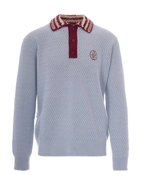 Drole De Monsieur Knit Long-sleeve Polo Sweater - Light Blue