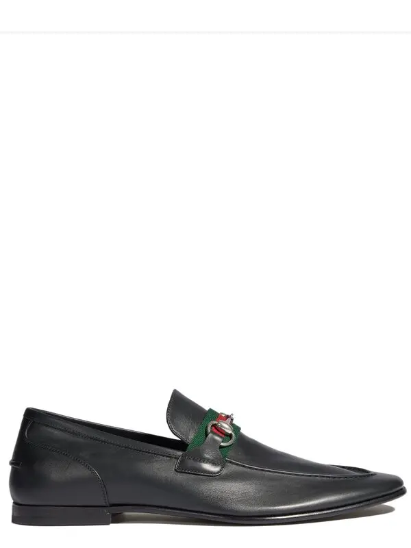 Gucci Palladium-toned Horsebit Web Round-toe Leather Flat Shoes - Nero