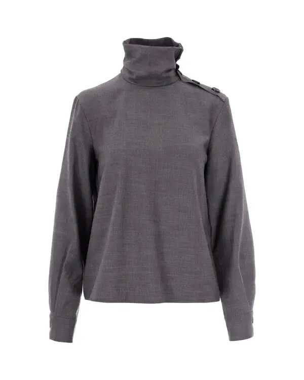 Patrizia Pepe Turtleneck Blouse With Shoulder Button Detail - Gray Flannel