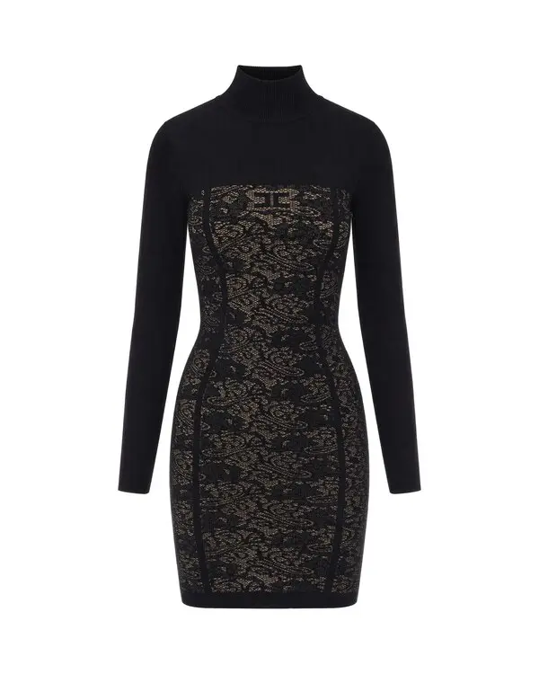Elisabetta Franchi Long Sleeve Turtleneck Lace-paneled Dress - Nero/pelle