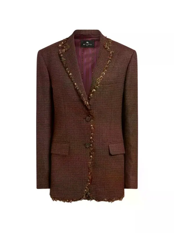 Etro Single-breasted Wool Jacket With Pheasant Feather Trim And Micro Houndstooth