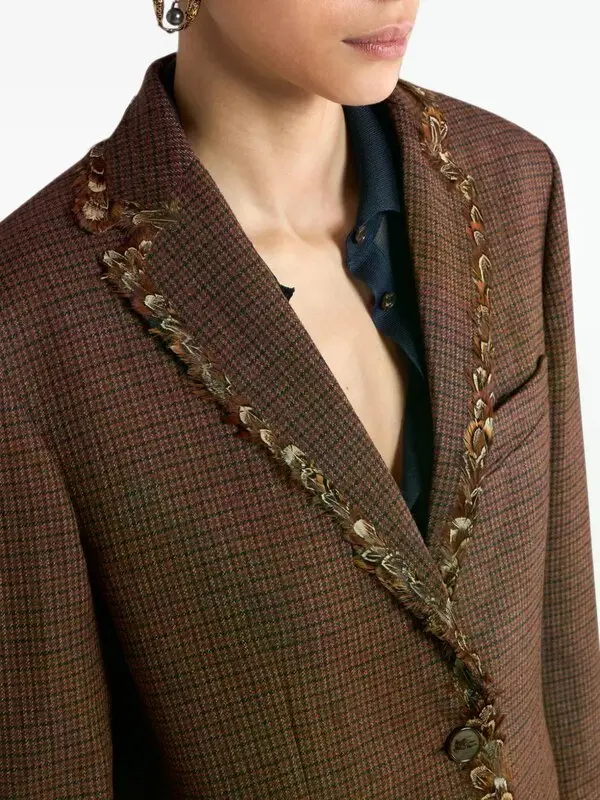 Etro Single-breasted Wool Jacket With Pheasant Feather Trim And Micro Houndstooth
