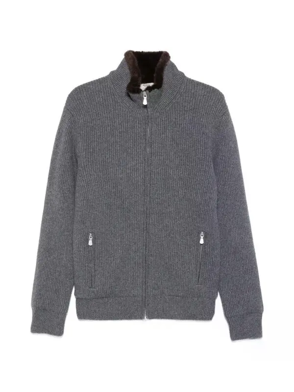 BARBA NAPOLI Fur-trimmed Ribbed Knit Jacket - Grey