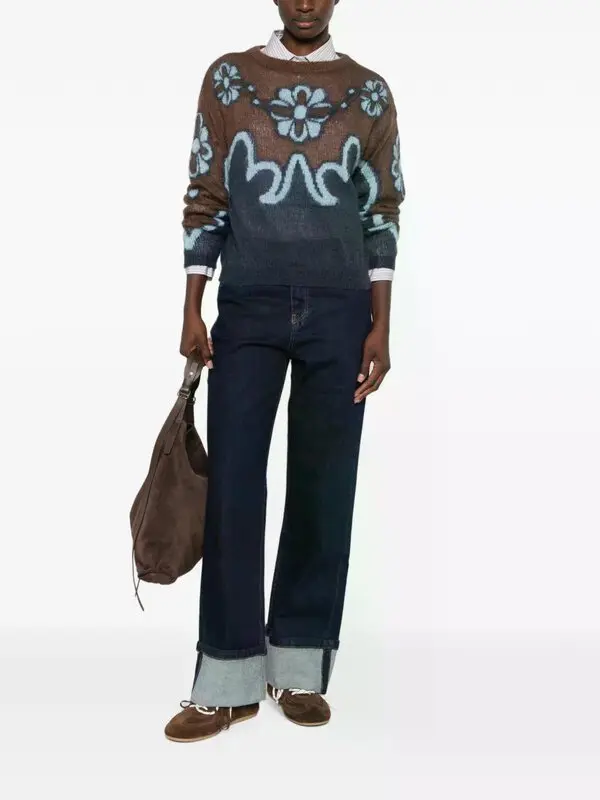 I BLUES Crew Neck Long Sleeve Sweater With Floral Motif