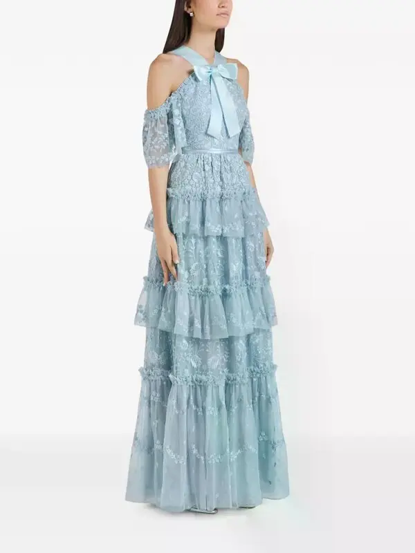 NEEDLE & THREAD Primrose Ruffled Floral-embroidered Maxi Gown - Blue